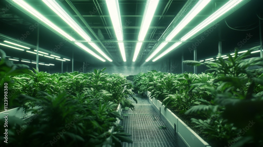 Modern greenhouse interior, rows of leafy plants, bright overhead ...