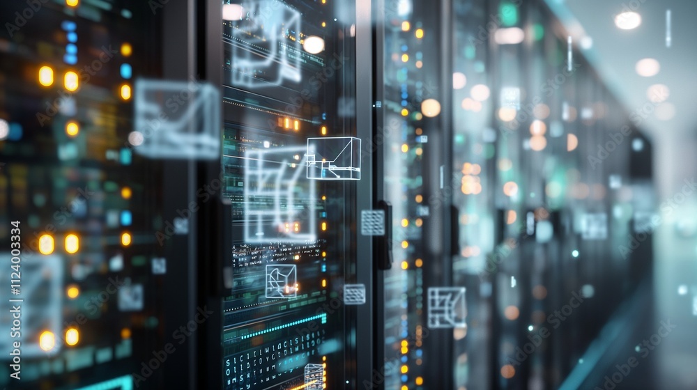 A modern data center with transparent, glass-like servers, each containing floating digital file ...