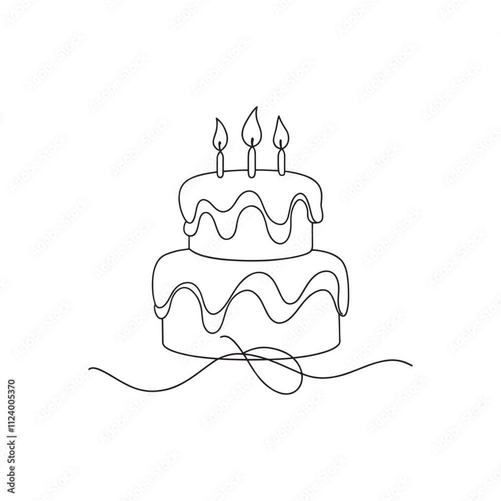 Birthday cake Continuous line art flat vector illustration on white ...