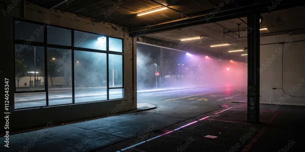 Nighttime urban scene viewed from a deserted parking garage, showcasing ...