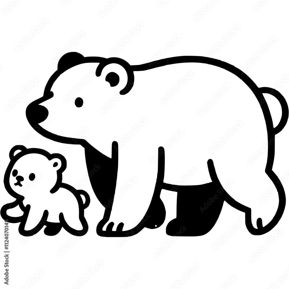 Polar bear mother and her cub walking in monochrome. Simple ...