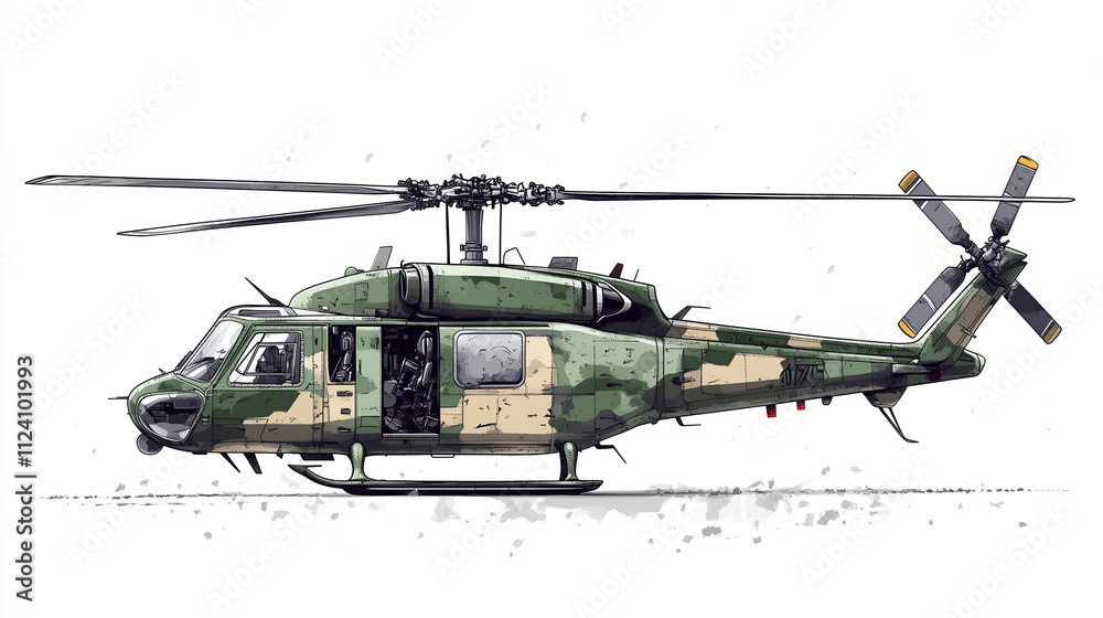 illustration army helicopter, side view, vector illustration, white ...