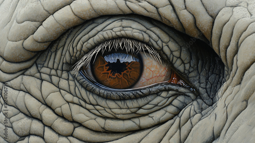 Hyper-realistic oil painting of elephant's eye in close-up with highly ...