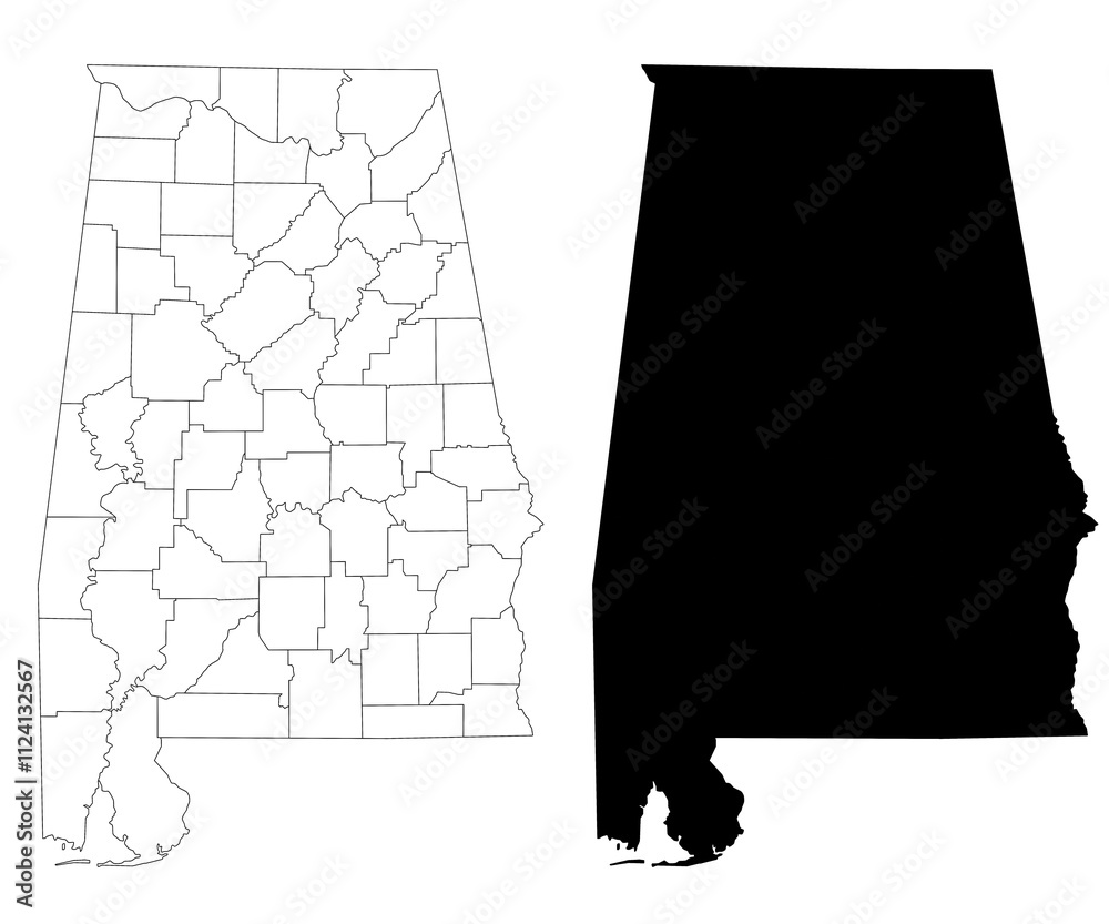 Alabama administrative map, Alabama outline and counties state map set ...