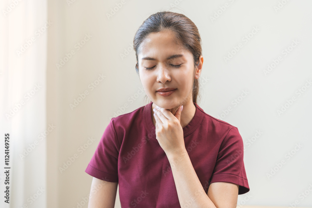 Sickness in inflaming asian young woman, girl use hand check self touch ...