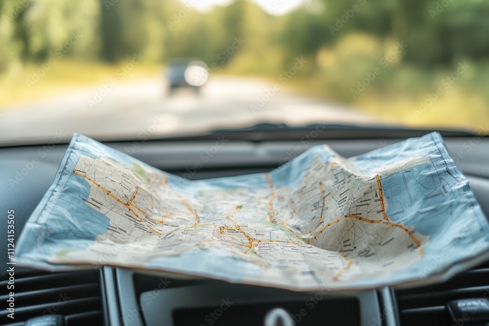 Exploring scenic routes with a folded road map on a car dashboard in ...