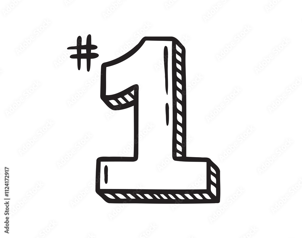 Number one doodle hand drawn icon. Outline drawing first number line ...