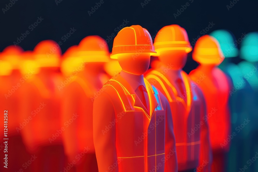 Abstract lineup of diverse workers proudly showcasing symbolic tools ...