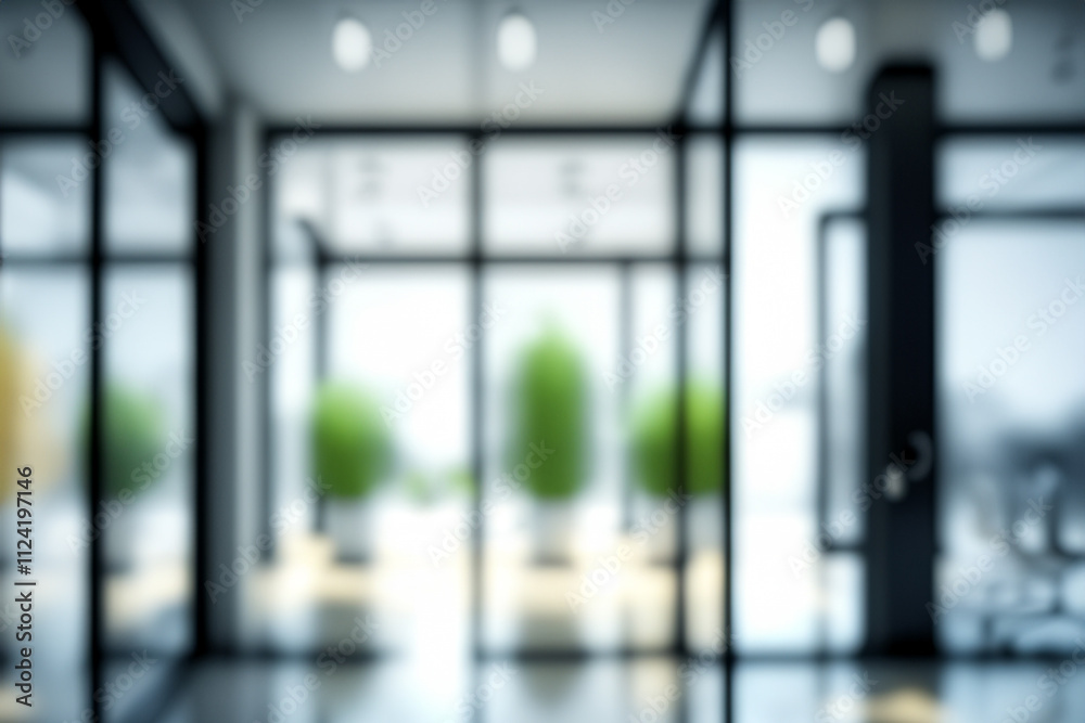 Blurred modern office interior background with glass doors and windows ...