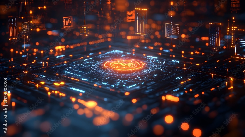 Illustration of a machine learning process featuring artificial intelligence, deep data mining ...