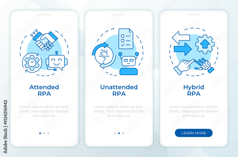 RPA types blue onboarding mobile app screen. Systems automation ...