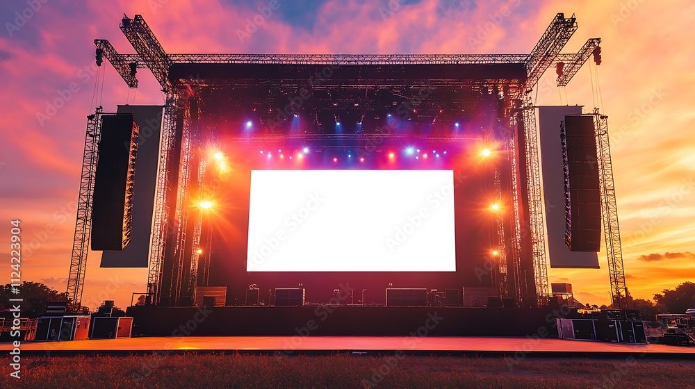Majestic Stage Concert with blank white screen, sound system and ...