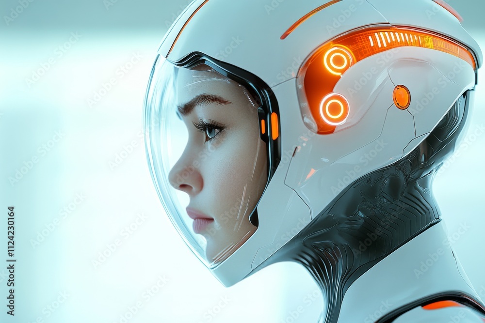 Futuristic female robot in a sleek helmet design with glowing accents ...