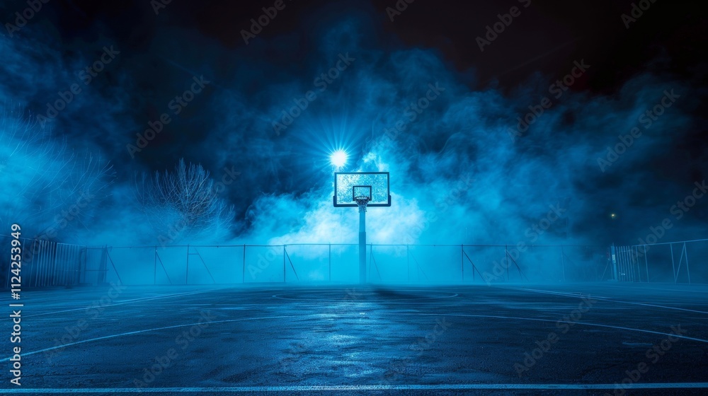 Dramatic high school basketball court with blue smoke and led lights ...