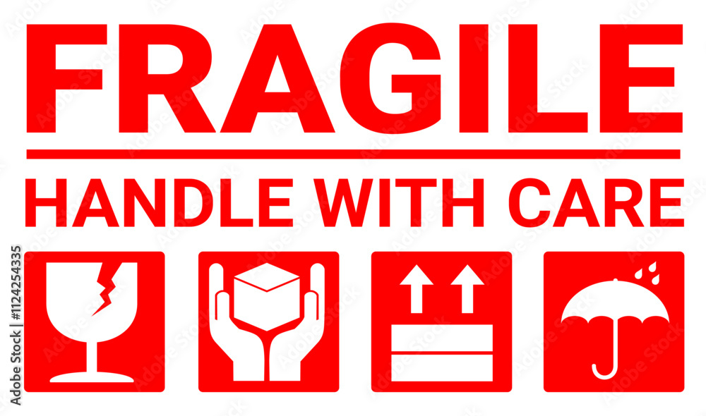 sticker fragile handle with care, red fragile warning label with broken glass symbol, this side ...