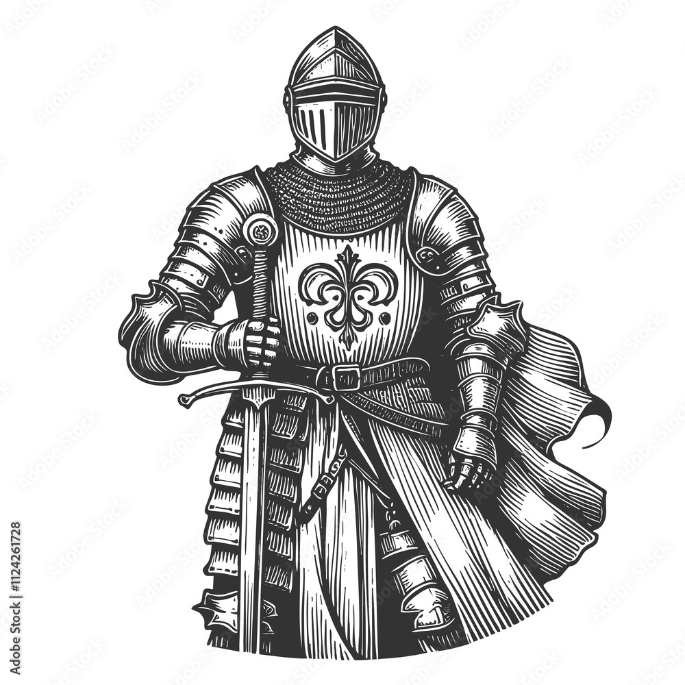medieval knight in full plate armor, classic armor design with lion ...