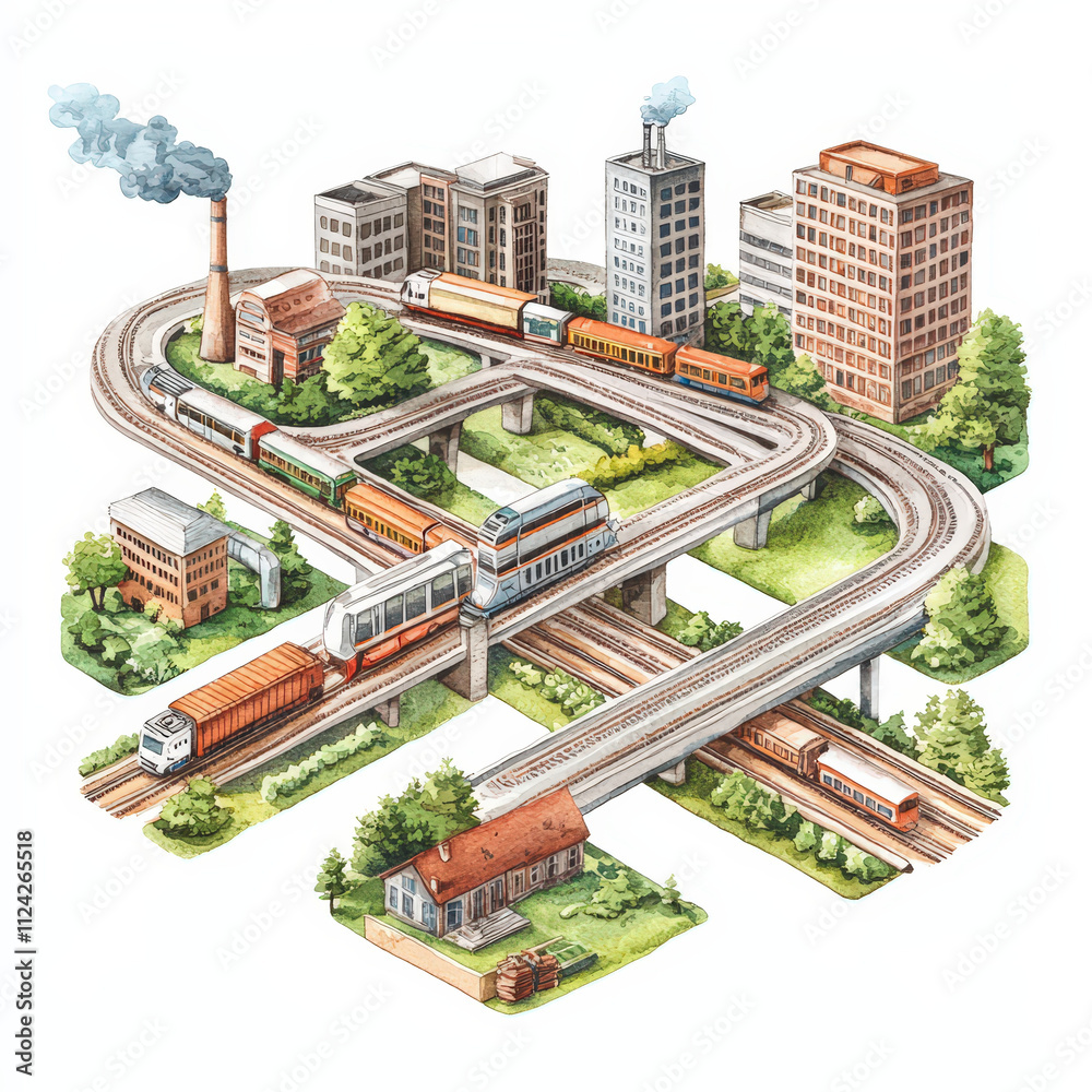 vibrant watercolor of multi modal transportation system featuring ...