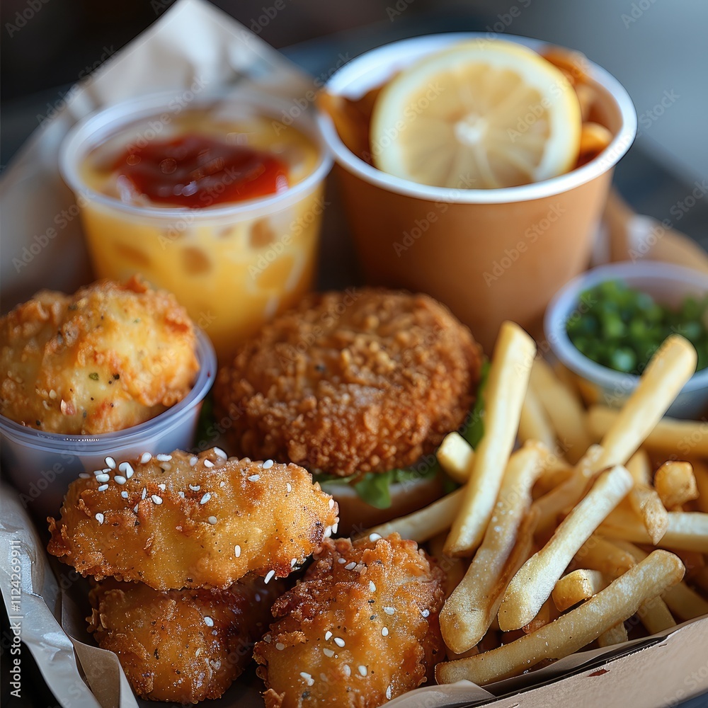 Two chicken leg burgers, two chicken nuggets, one serving of fries, and ...