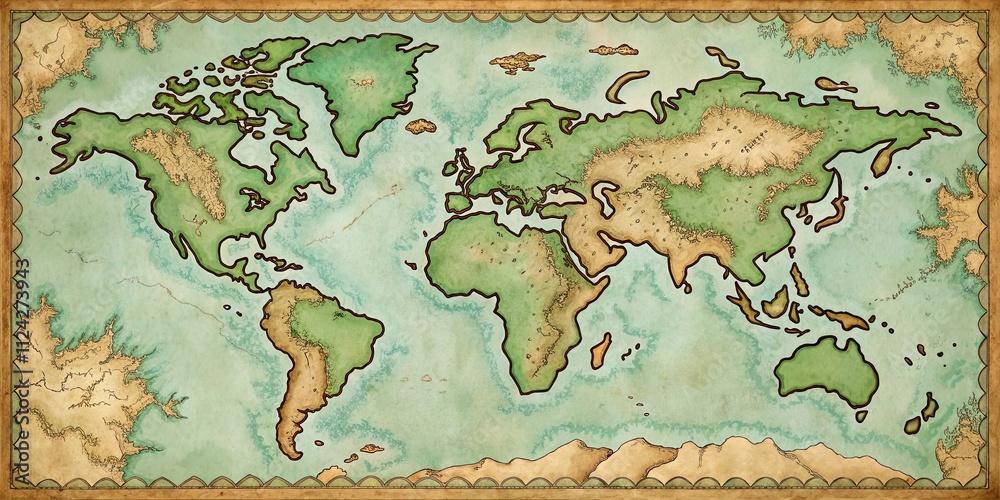 Antique World Map Illustration A Hand-Drawn Vintage Style Cartographic ...