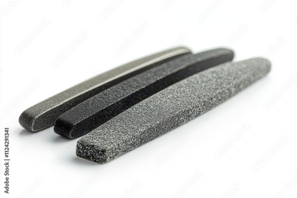 Three distinct nail files with varying abrasives on a white background ...