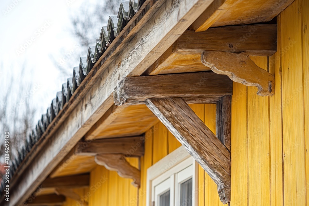 Wooden beams and planks are fastened to the house s eaves at the corner ...