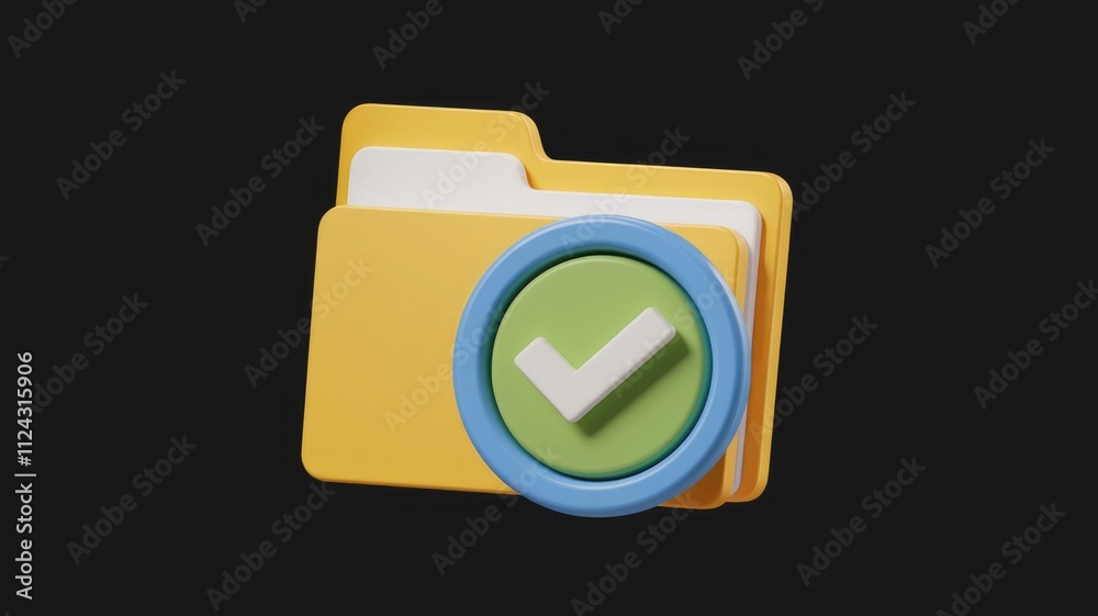 3D render of a yellow folder icon with a green checkmark, signifying ...