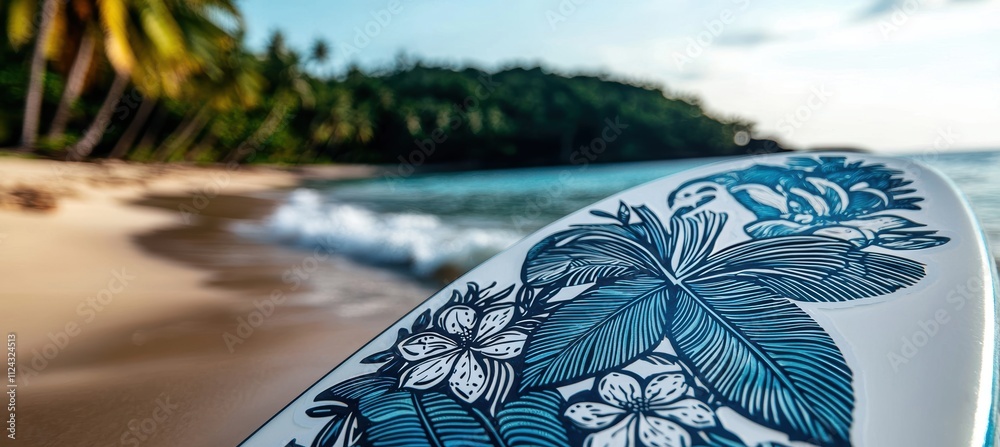 Die Cut Sticker Design on Surfboard with Tropical Beach Setting for ...