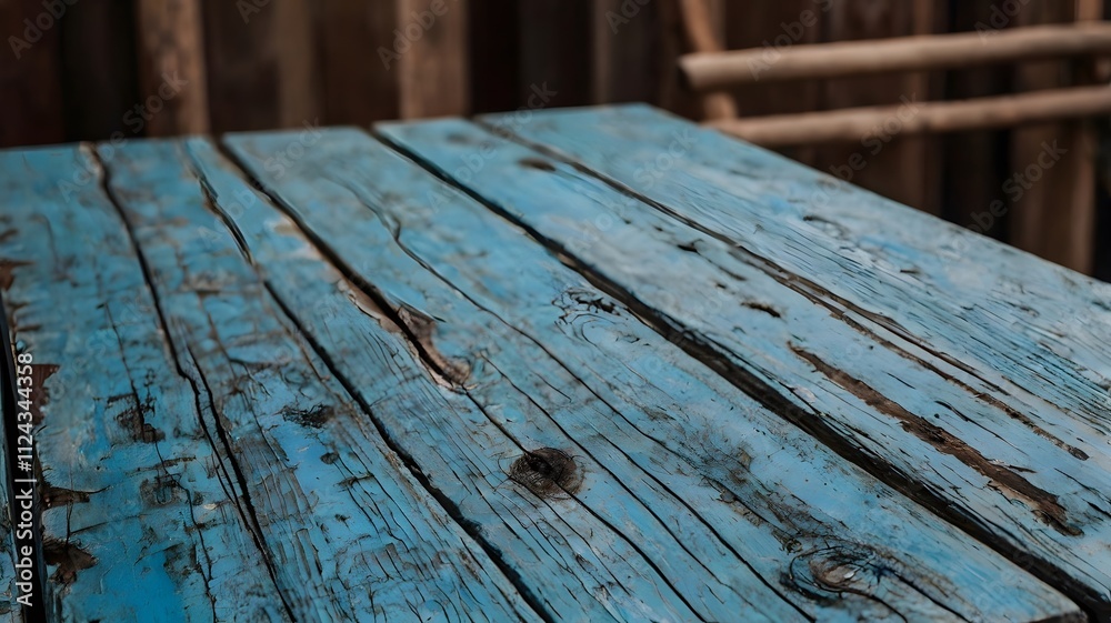 Rustic empty blue wooden table planks with wear & grain texture surface ...