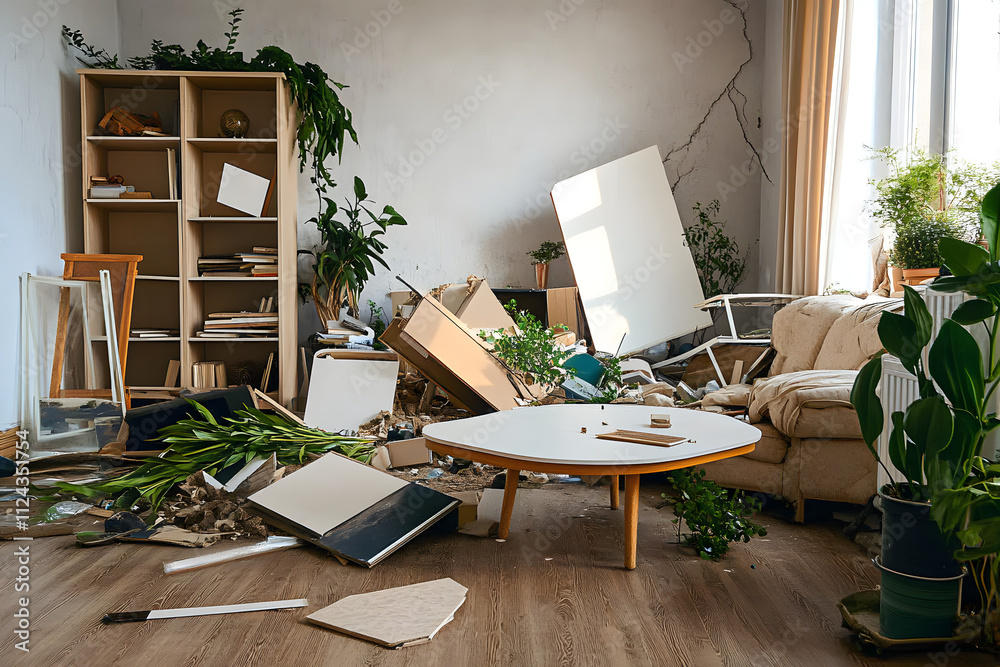 Interior of messy living room with overturned table, shelf units and ...