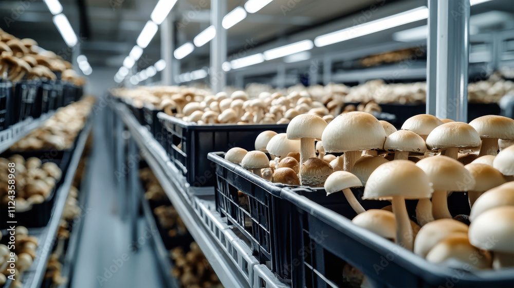 Mushroom cultivation in a bright industrial farm showcasing clean ...
