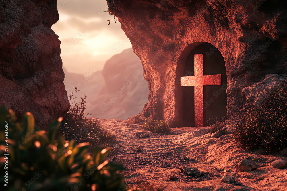 Easter dawn reveals the open tomb of Jesus Christ with a glowing cross ...