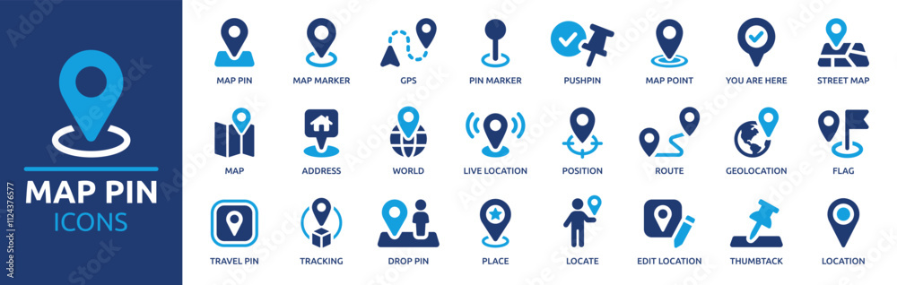 Map pin icon set. Containing location, map marker, address, position ...
