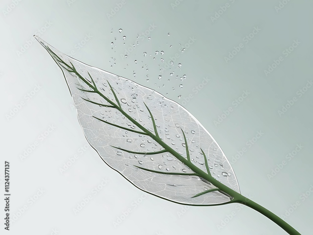 3D Render of Transparent Leaf with Water Droplets Evaporating and Glowing O2 Symbols on Gradient ...