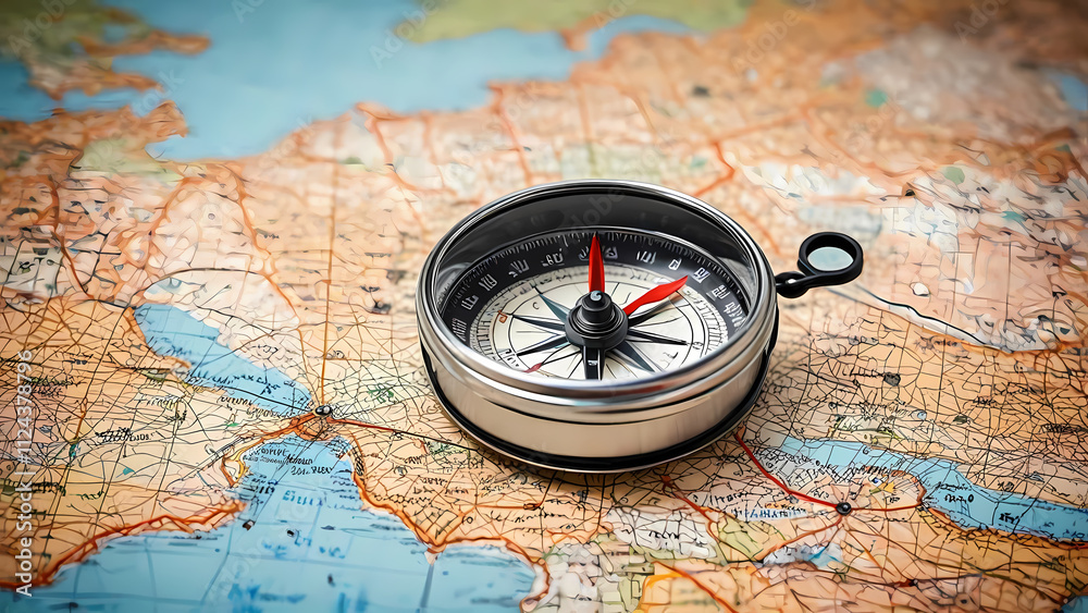 Compass on Map: A classic compass with a red needle points to the North ...