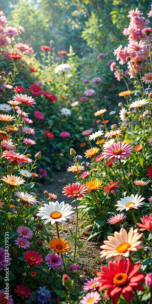 Beautiful Garden Scene With Many Types Of Flowers In Full Bloom Floral
