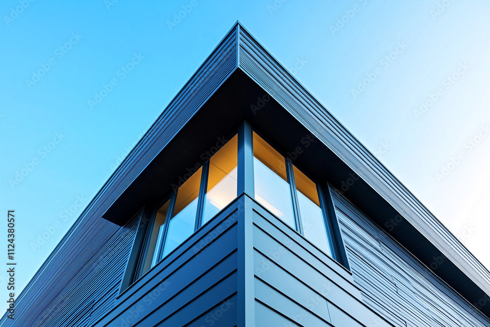 Modern warehouse exterior with steel cladding and double glazing, an ...
