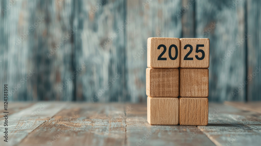 New Year 2025 with Wooden Blocks concept. Wooden blocks displaying the ...
