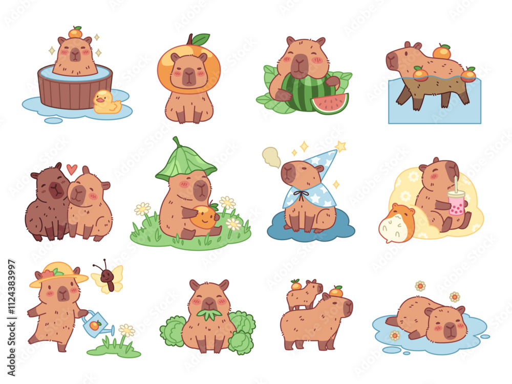 Funny capybaras. Happy exotic comic animals, cute biggest rodents, different poses, actions and ...