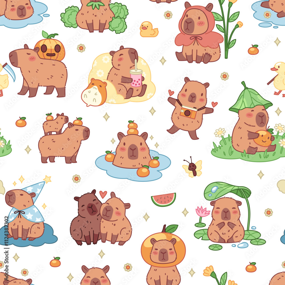 Cartoon happy capybaras seamless pattern. Funny exotic animals, repeated kawaii characters ...