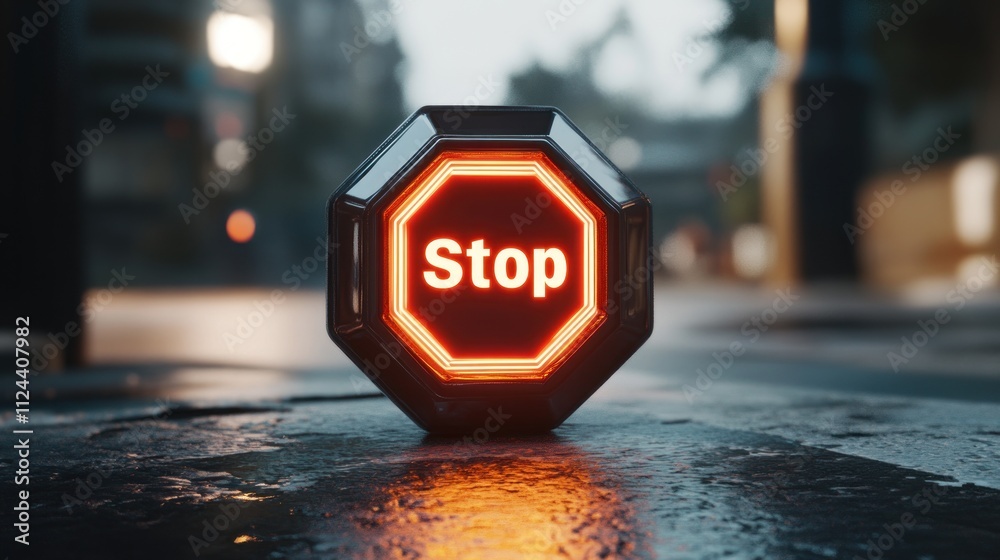 Illuminated stop sign on city street at night. Stock Illustration ...