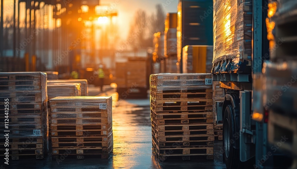 Stacks of pallets being moved onto trucks by workers at a loading dock ...