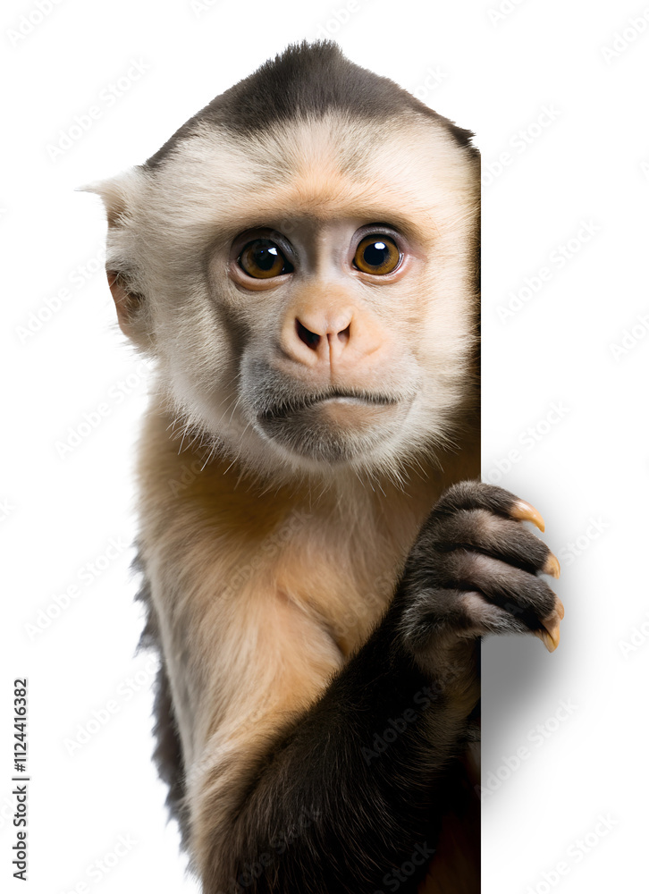 Capuchin Monkey peeking around corner isolated on transparent ...