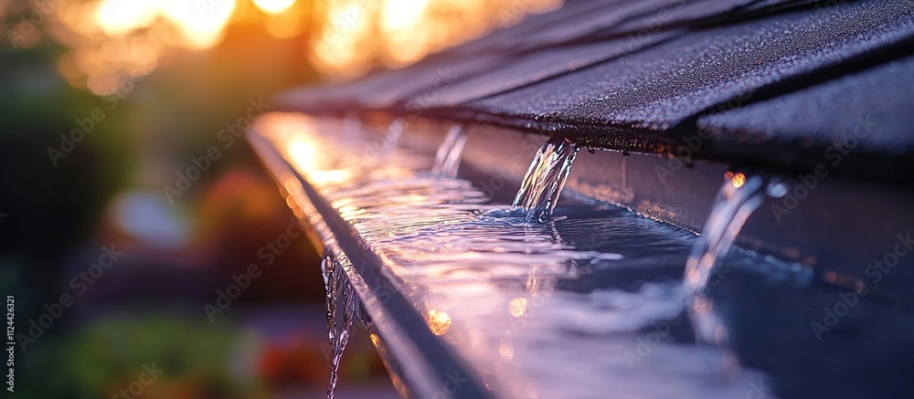 Rainwater flowing from gutters into downspouts at sunset. Stock ...