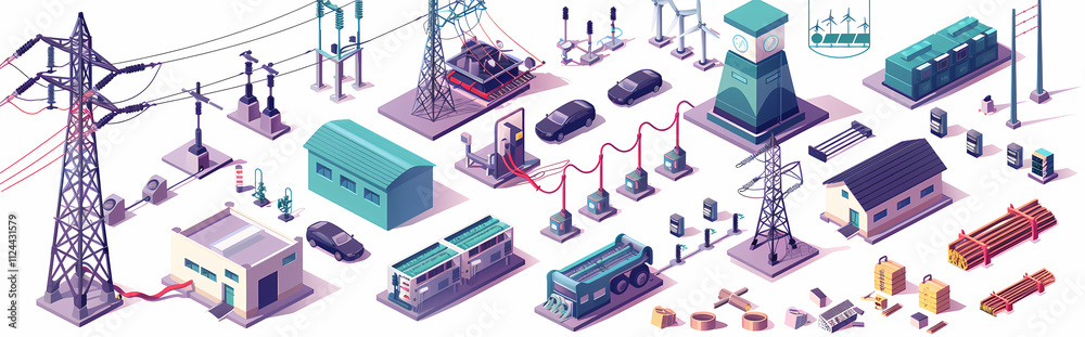 Power Grid Infrastructure: A comprehensive isometric illustration of a ...