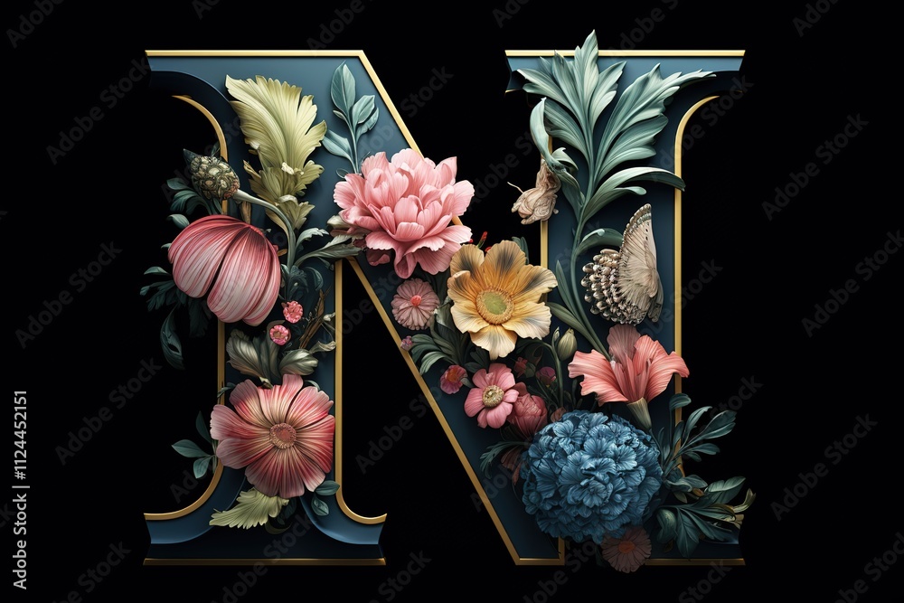 Golden floral alphabet font uppercase letters with flowers leaves and ...