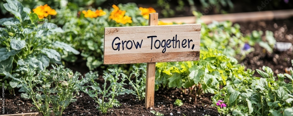 Grow Together A Vibrant Garden Plot with a Welcoming Sign of Teamwork ...