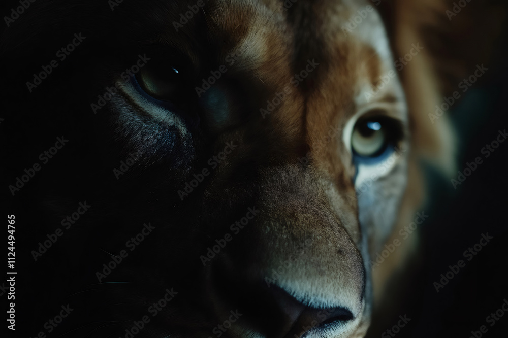 Close up portrait of a lion showing its focused eyes in a dark ...