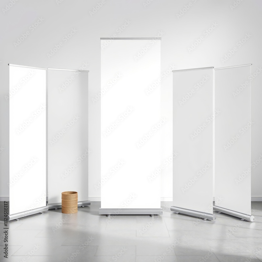 Realistic white blank roll up banner mockup 3d render banner mockup ...