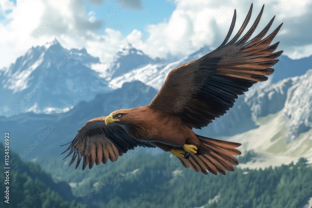 Golden eagle flying over stunning mountain peaks, embodying strength ...
