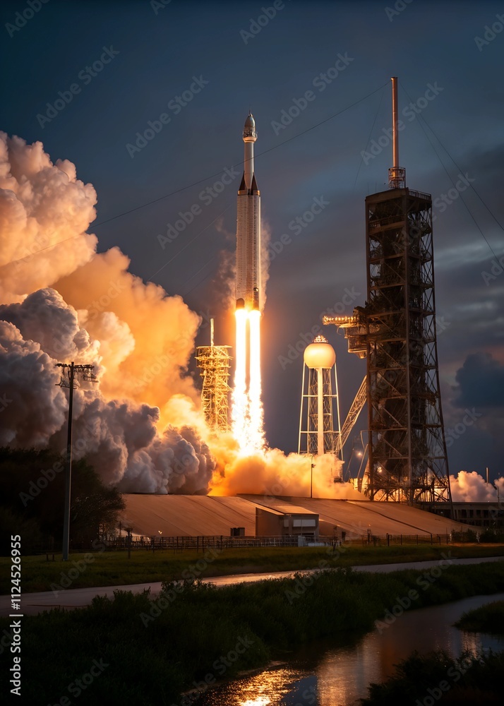 Rocket Launch at Night with Dramatic Flames - A powerful rocket launch ...